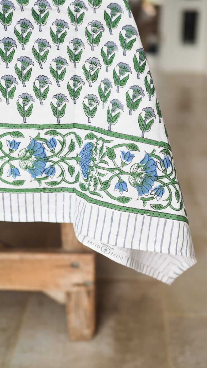 Kerala Green Cotton Hand Block Printed Tablecloth - 4 sizes – Olive and ...