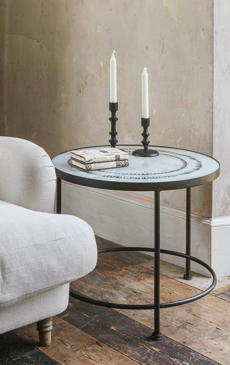 BROOKBY ROUND IRON AND GLASS SIDE TABLE – Olive and Olive Interiors